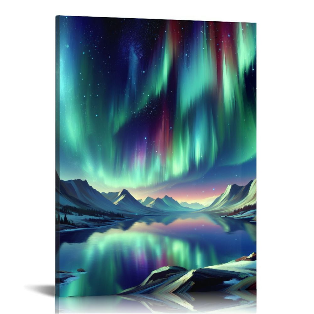 Nawypu Farmhouse Canvas Wall Art, Green Aurora and Mountain Poster ...