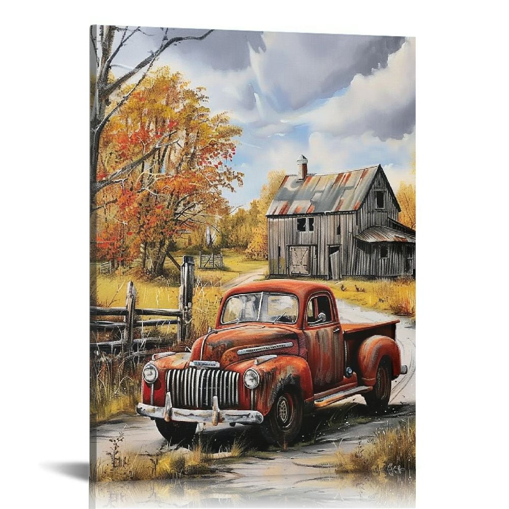 Nawypu Farmhouse Canvas Wall Art, Old Farmhouse and Old-Fashioned Red ...