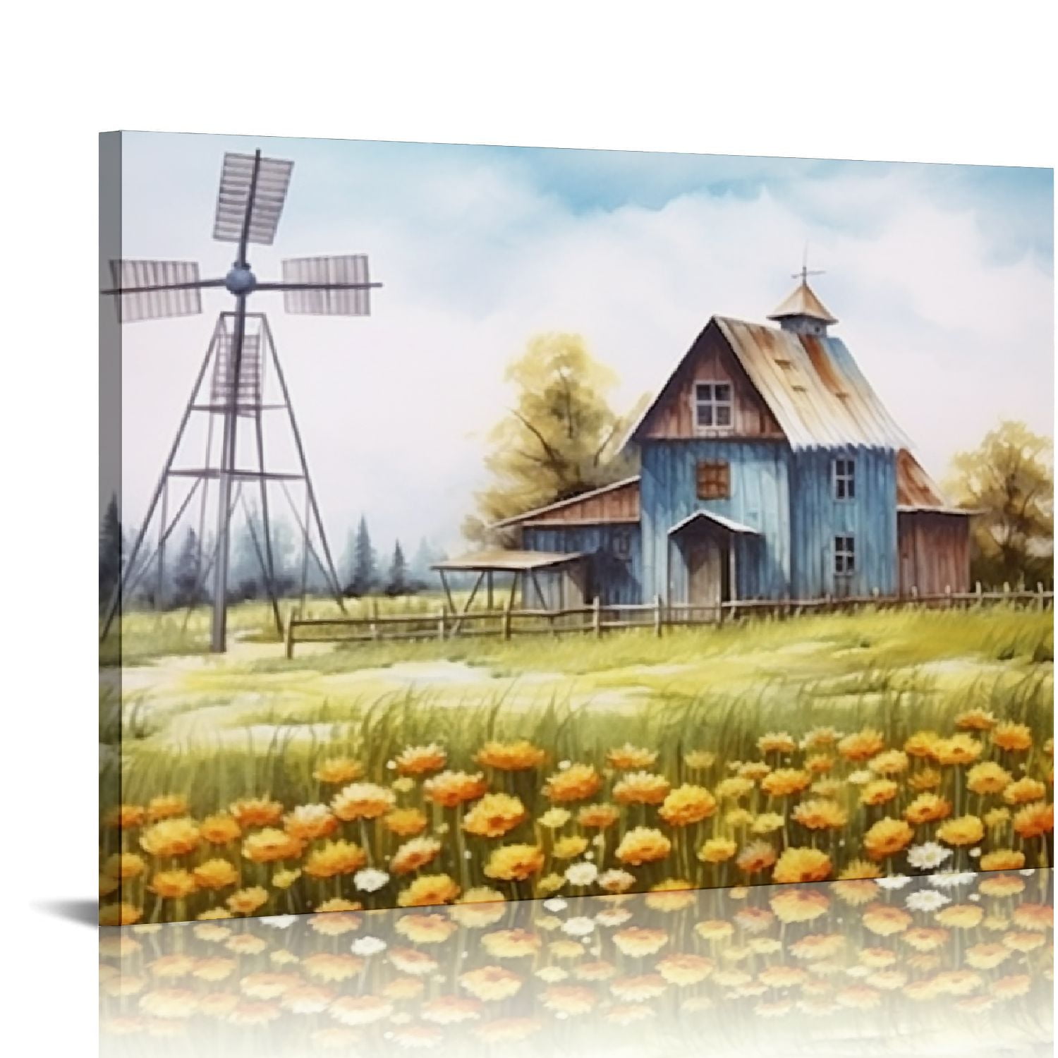 Nawypu Farmhouse Wall Art Teal Old Barn Windmill and Flowers Picture ...