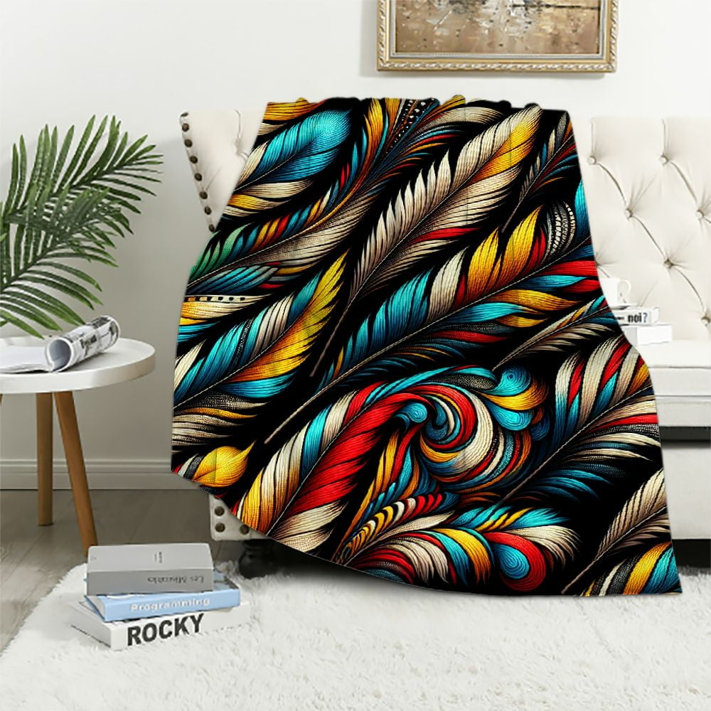 Nawypu Feather Print Throw Blanket Boho Style Plush Blanket for Sofa ...