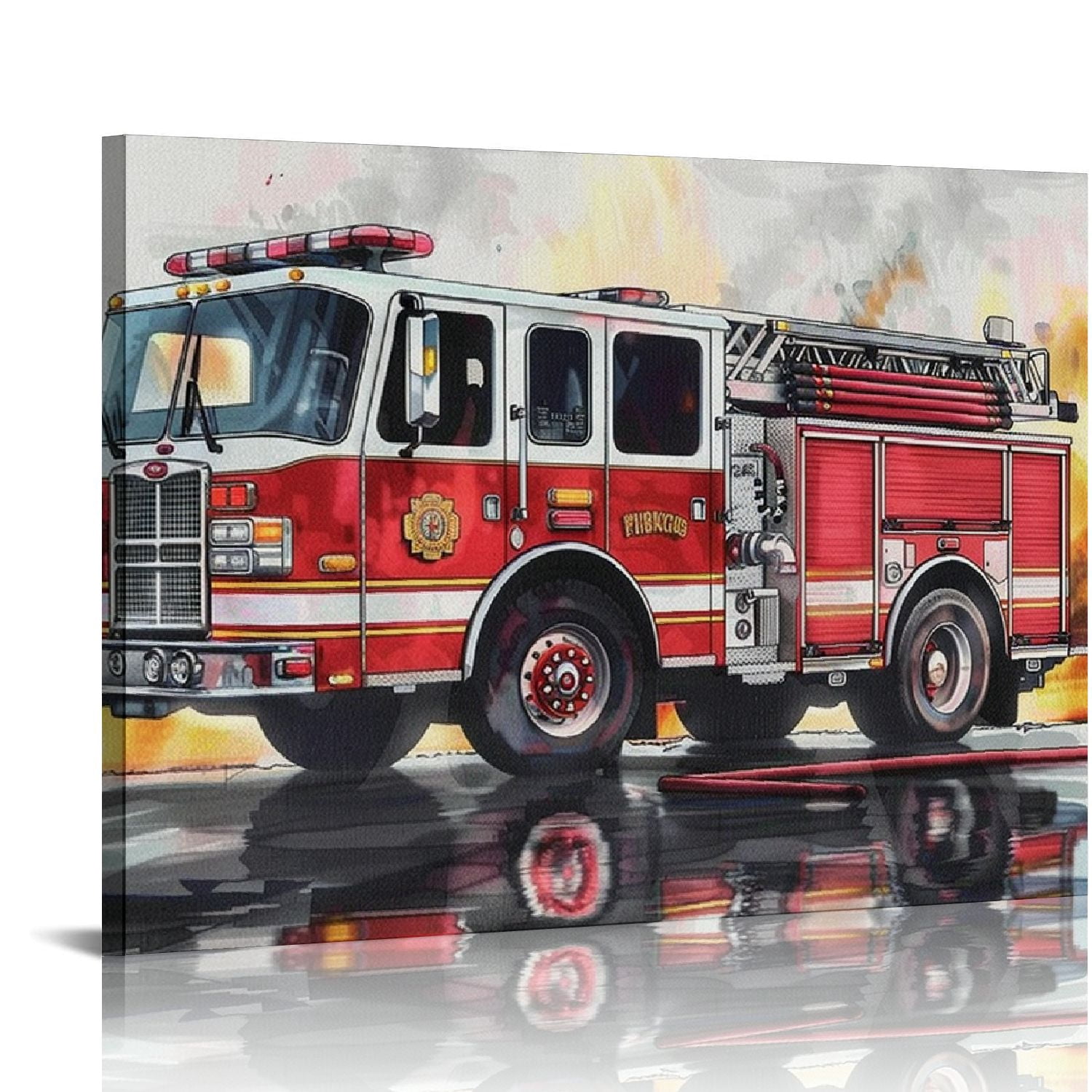 Nawypu Firetruck Canvas Wall Art Watercolor Transportation Vehicles ...
