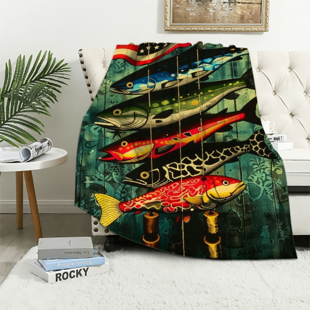 Nawypu Fishing Lure Flannel Blanket,Green Camouflage American Flag ...