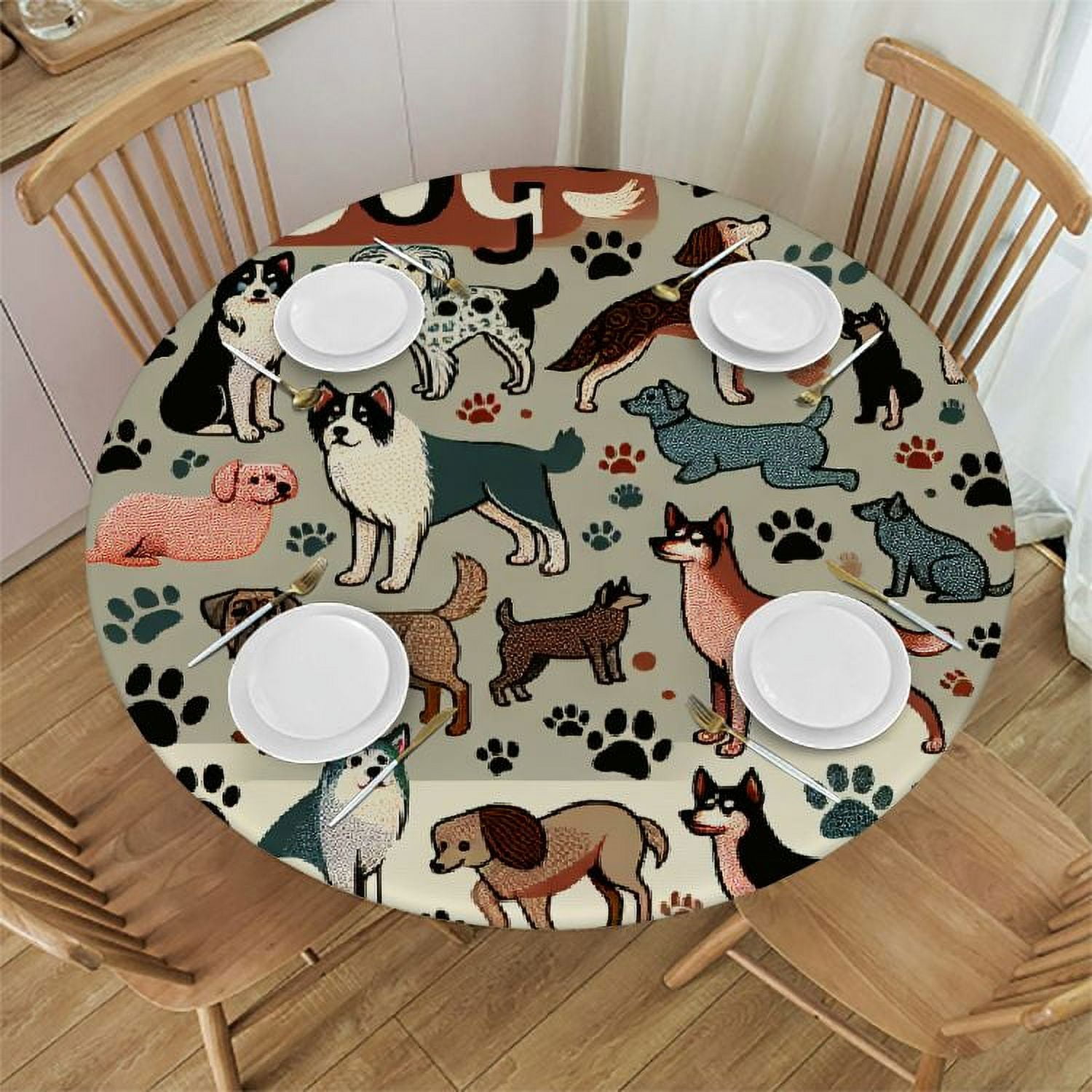 Nawypu Fitted Round Tablecloth Colored Cats Dogs,Husky Doberman Kitten ...