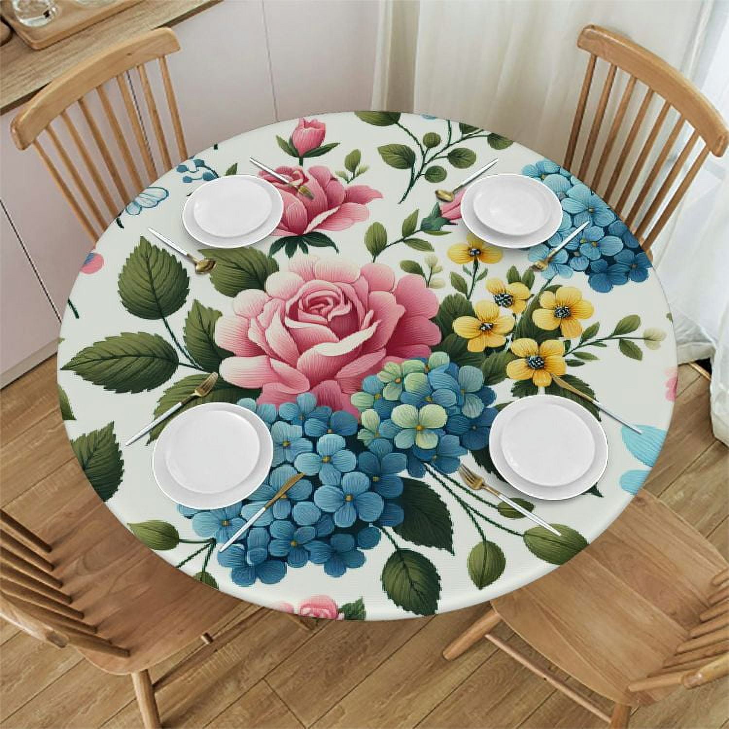 Nawypu Fitted Round Tablecloth with Elastic Edge Wipe Clean Hydrangea ...