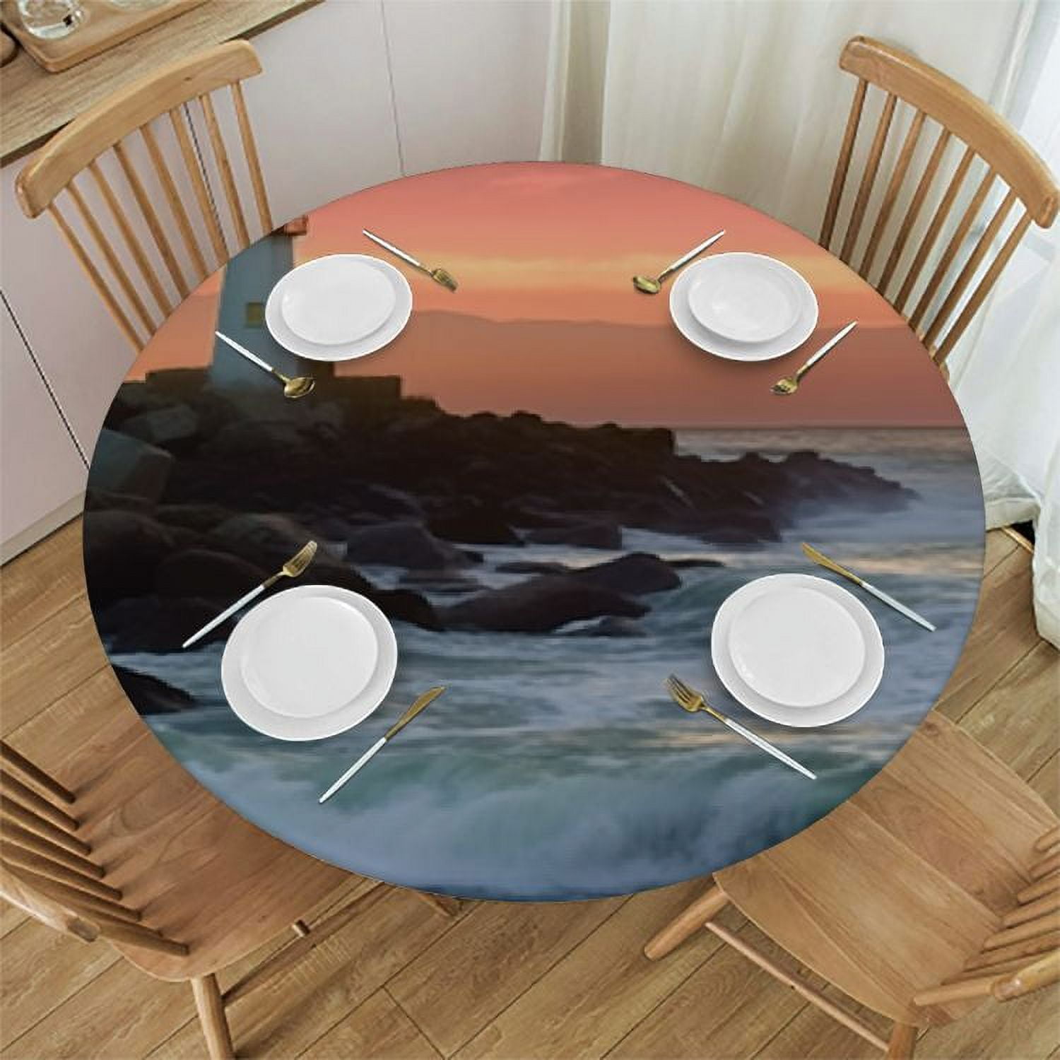 Nawypu Fitted Tablecloth Round Table Cover,Coastal Lighthouse Summer ...