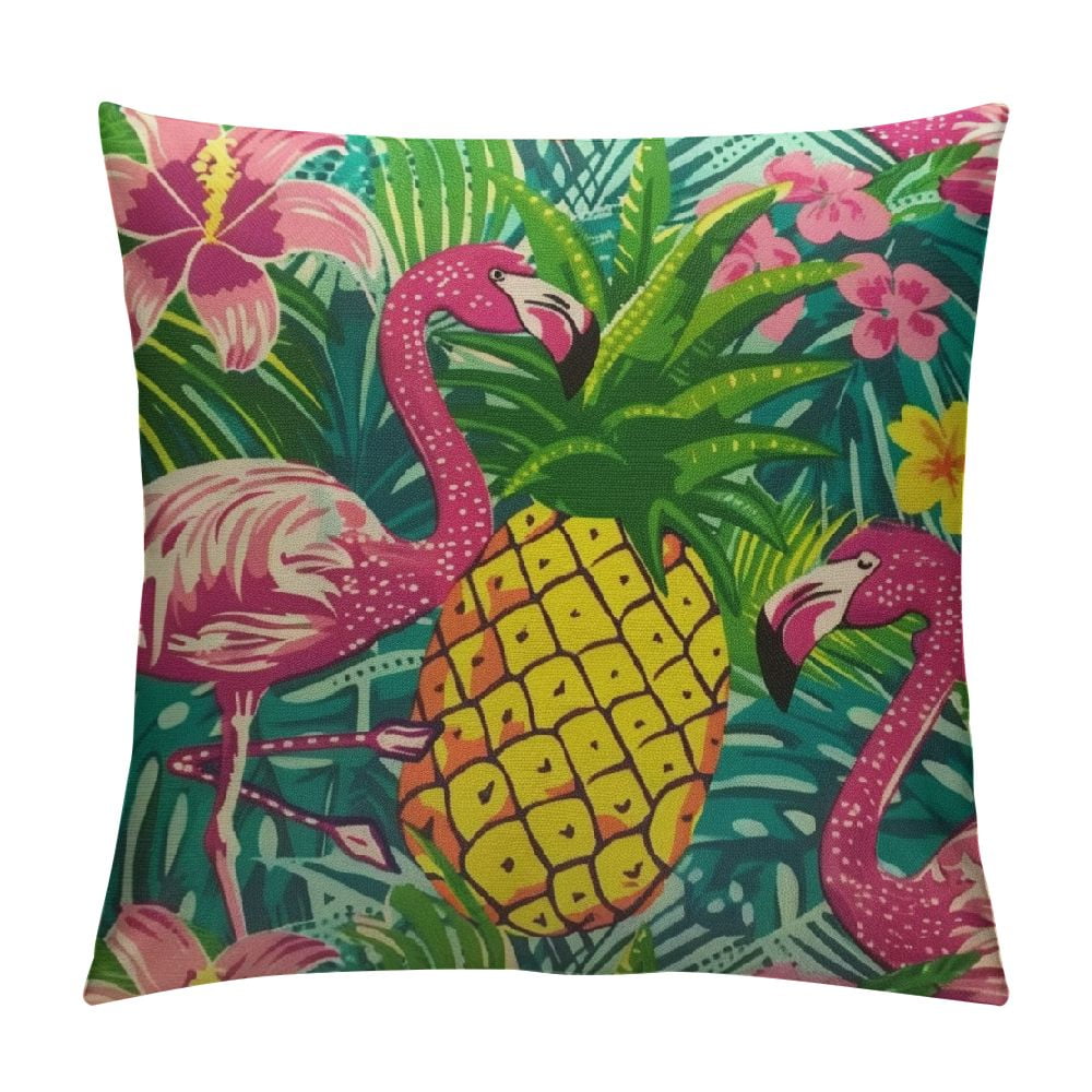 Nawypu Flamingo Throw Pillow Cover Hibiscus Pineapple and Tropical Leaf ...