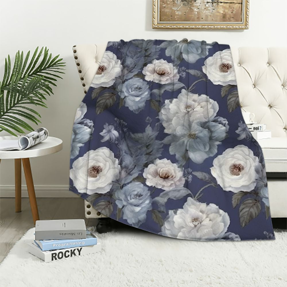ONETECH Flannel Blanket Rose Blossom Super Soft Warm Cozy Throw Blankets Blue Floral Pattern ...