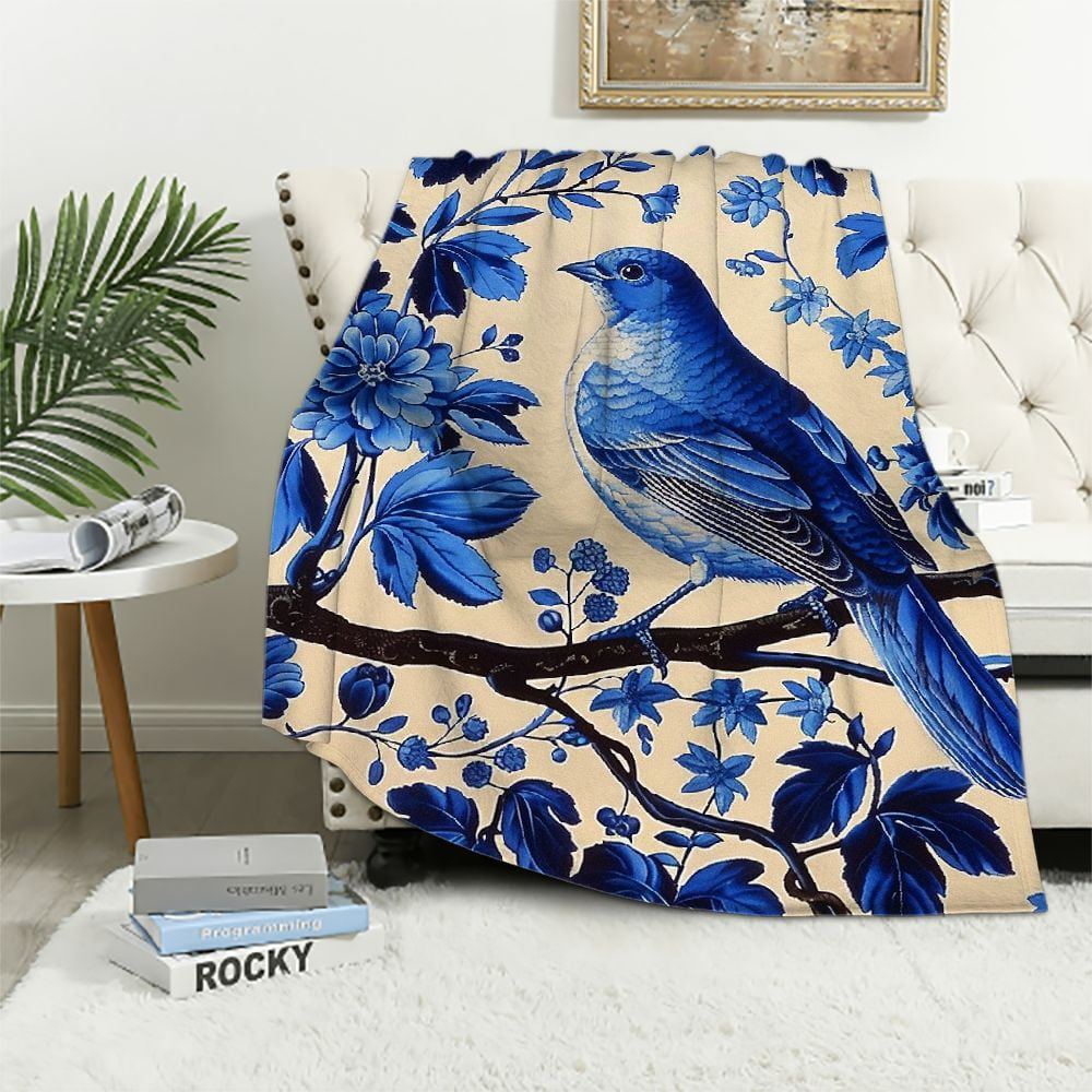 Nawypu Flannel Throw Blanket Blue and White Tile with Birds and Small ...