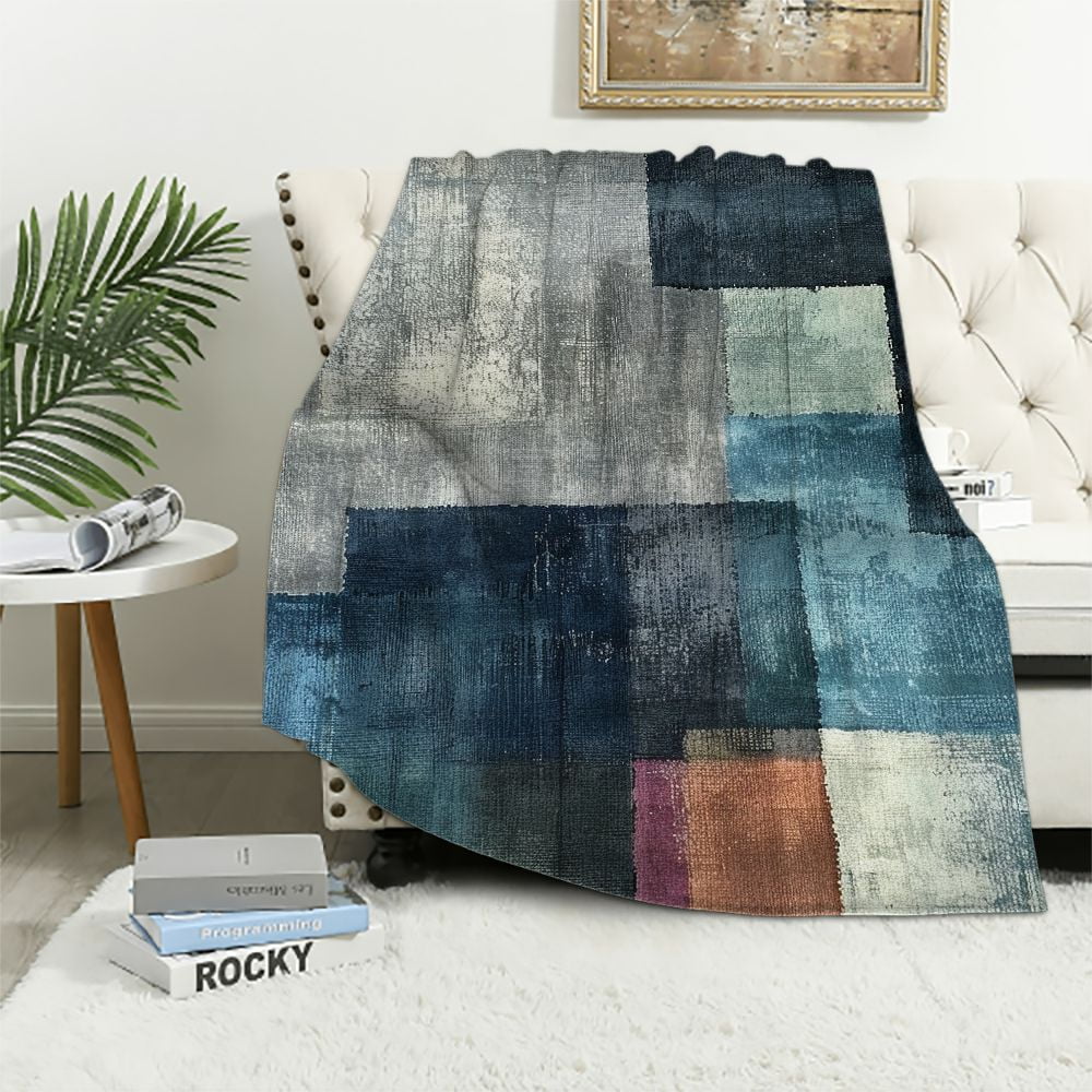 Nawypu Flannel Throw Blanket Oil Painting Style Abstract Grey and Blue ...