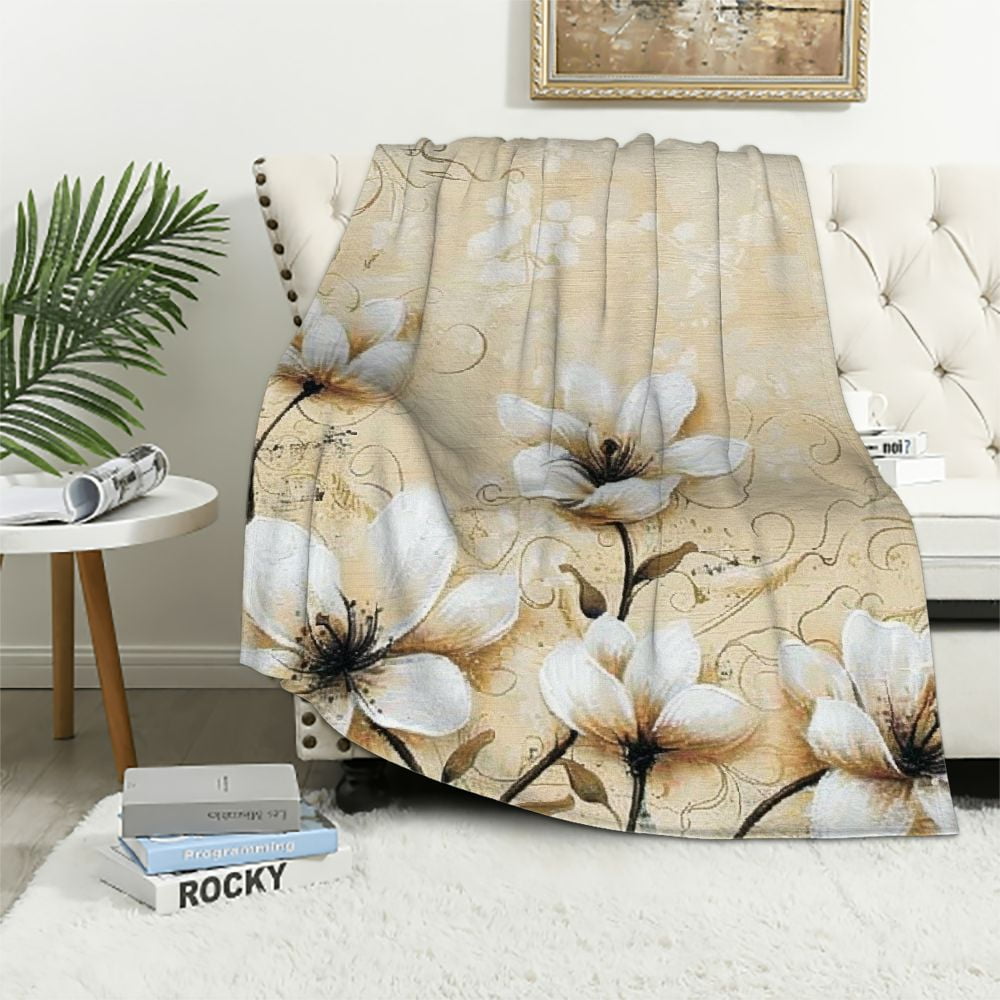 Nawypu Flannel Throw Blanket Retro Tulip Flowers White Floral Rustic ...
