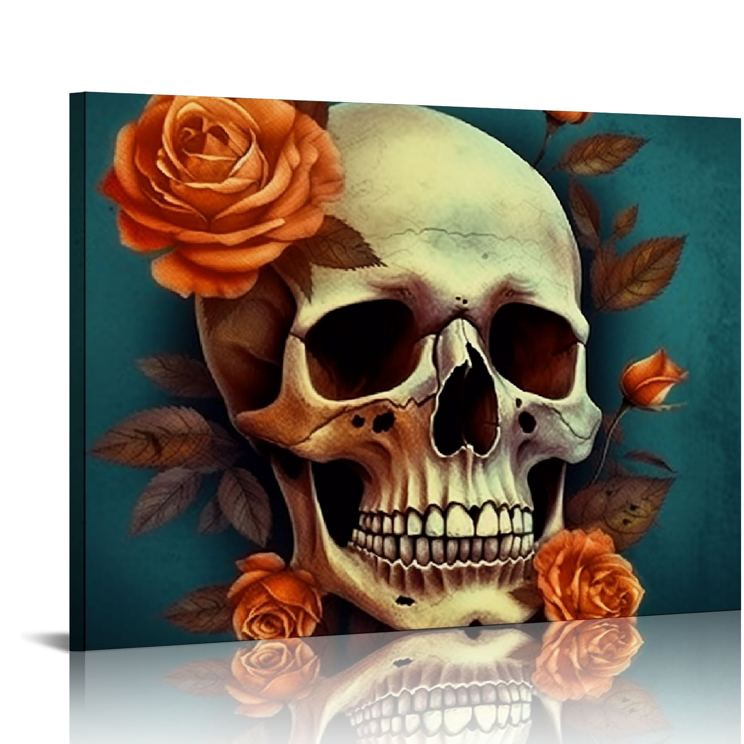 Nawypu Floral Skull Canvas Wall Art Vintage Orange Rose Human Skeleton ...