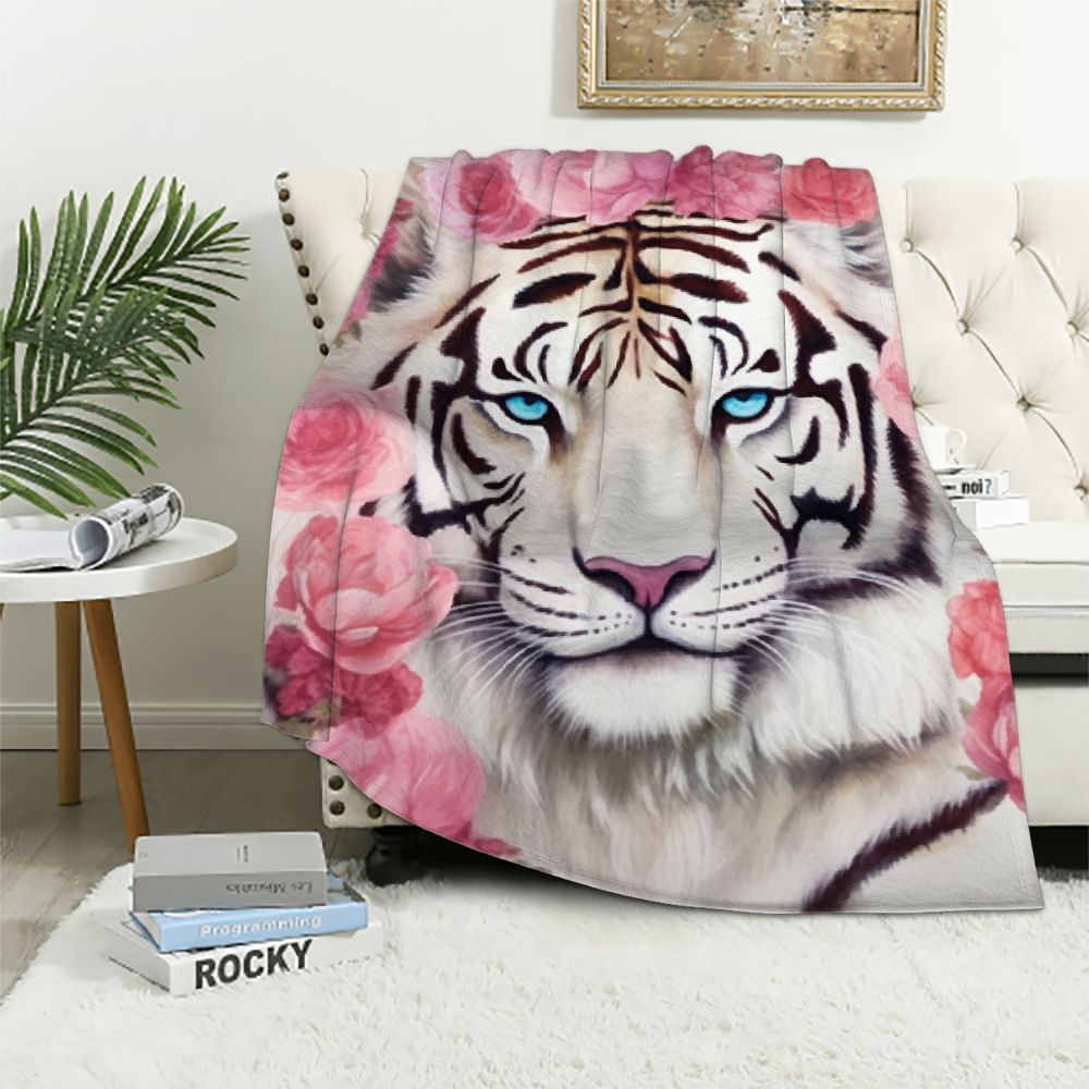 Nawypu Floral Tiger Throw Blanket White Tiger Blanket, Brown Stripes ...