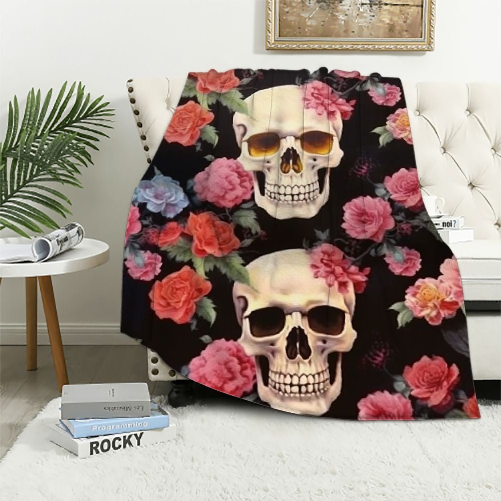 Nawypu Flower Skull Throw Blanket Gothic Black Blanket Skeleton Blanket ...