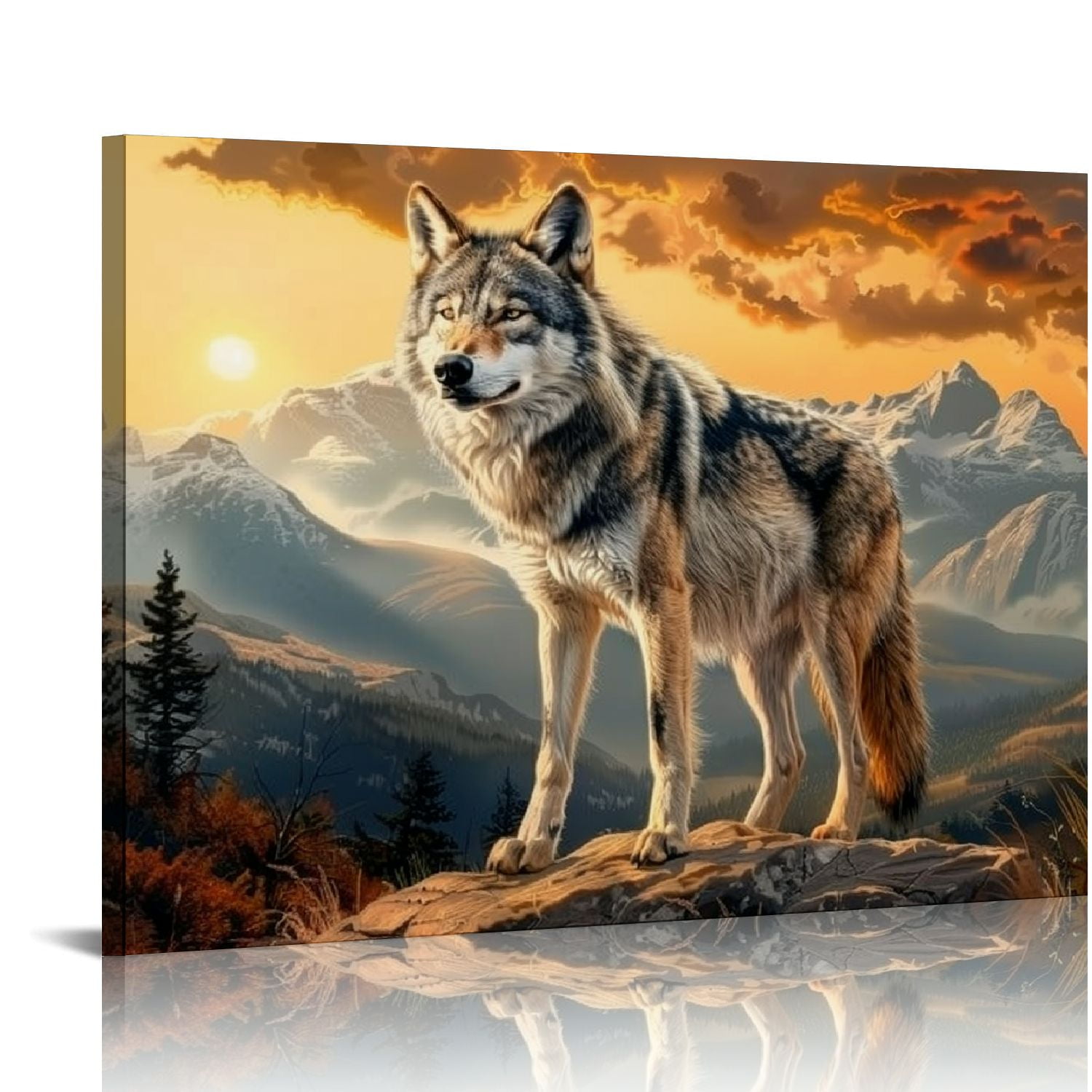 Nawypu Forest Sunrise Animal Canvas Wall Art Wolf Stand on Peak ...