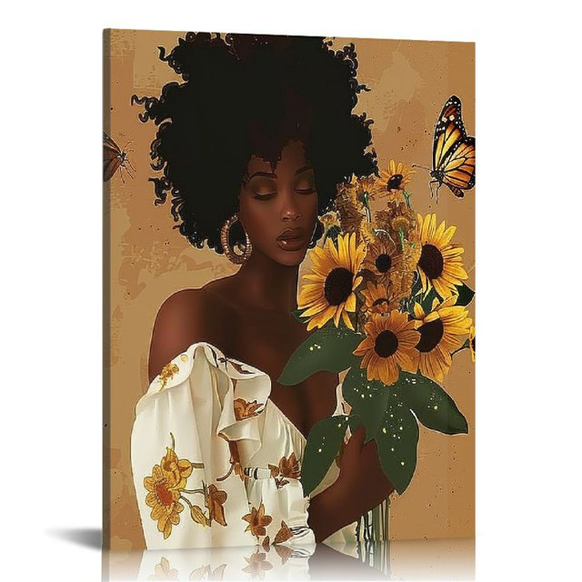 Nawypu Framed Abstract African American Black Woman Canvas Wall Art, Boho Fashion Flower Art ...