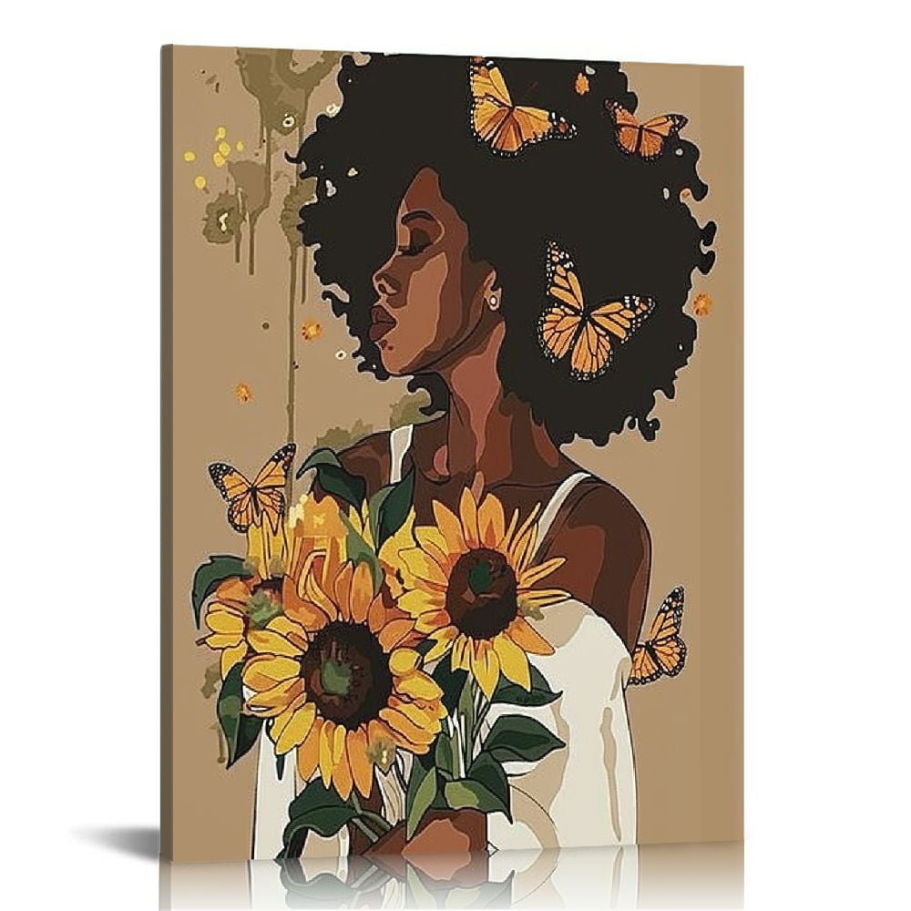 Nawypu Framed Abstract African American Black Woman Canvas Wall Art, Boho Fashion Flower Art ...
