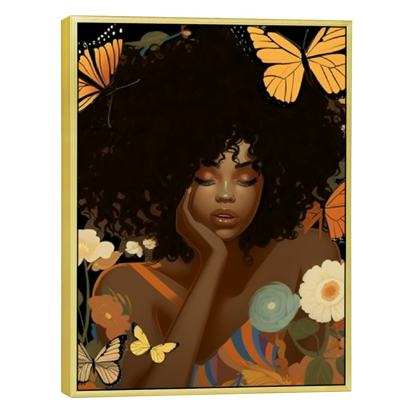 Nawypu Framed Abstract African American Black Woman Canvas Wall Art, Boho Fashion Flower Art ...