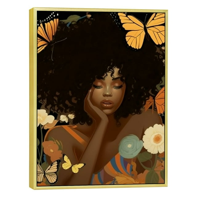Nawypu Framed Abstract African American Black Woman Canvas Wall Art, Boho Fashion Flower Art ...