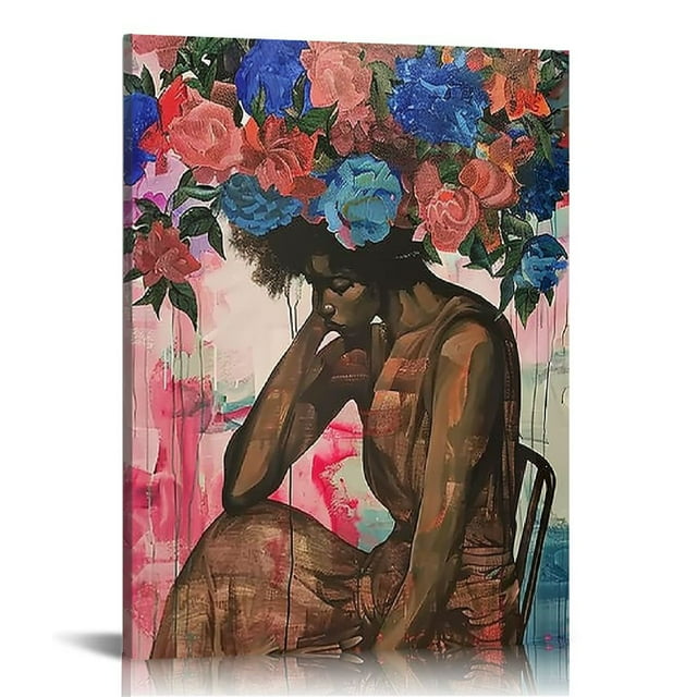 Nawypu Framed African American Canvas Wall Art Colorful Flower on Black Women Head Wall Decor ...