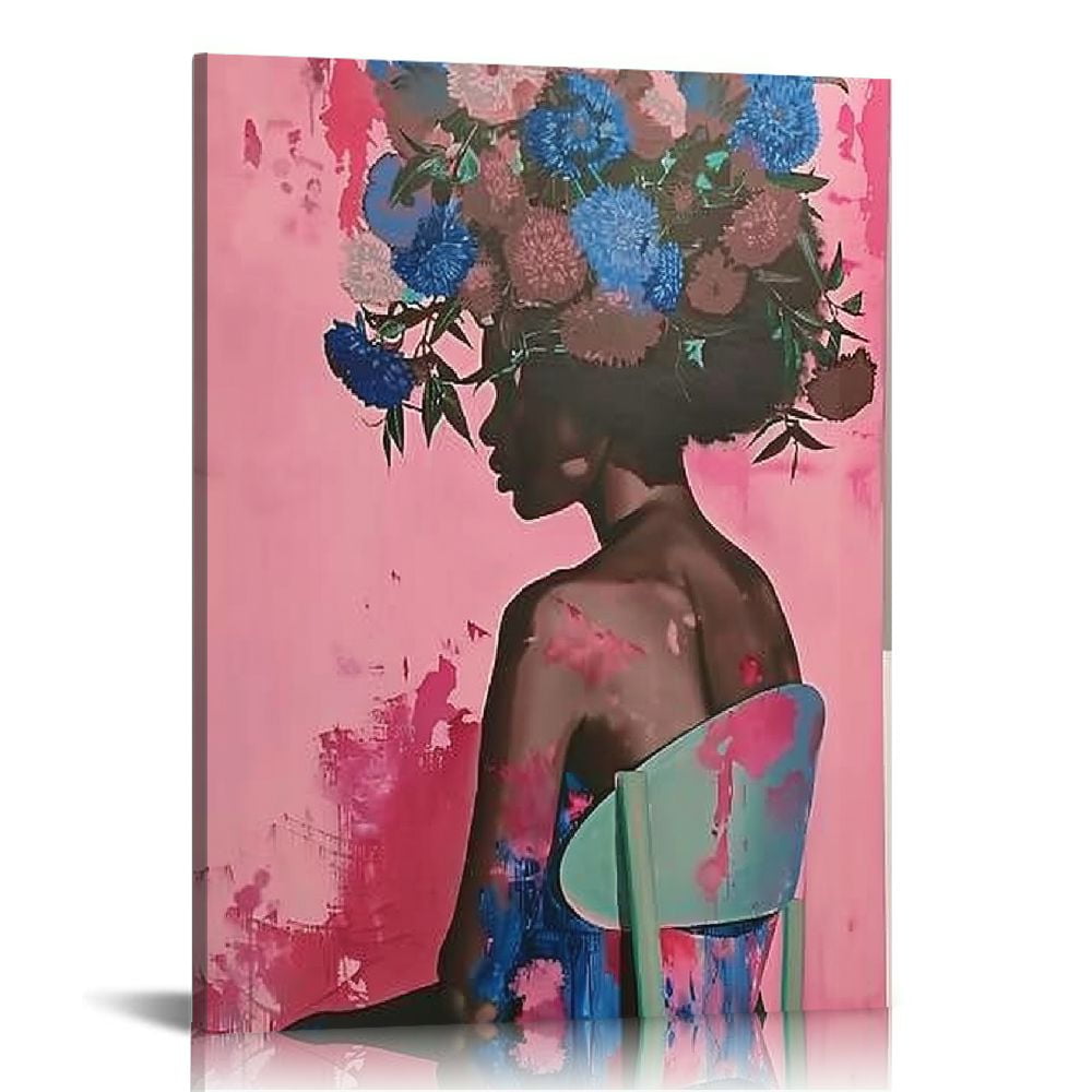 Nawypu Framed African American Canvas Wall Art Colorful Flower on Black Women Head Wall Decor ...