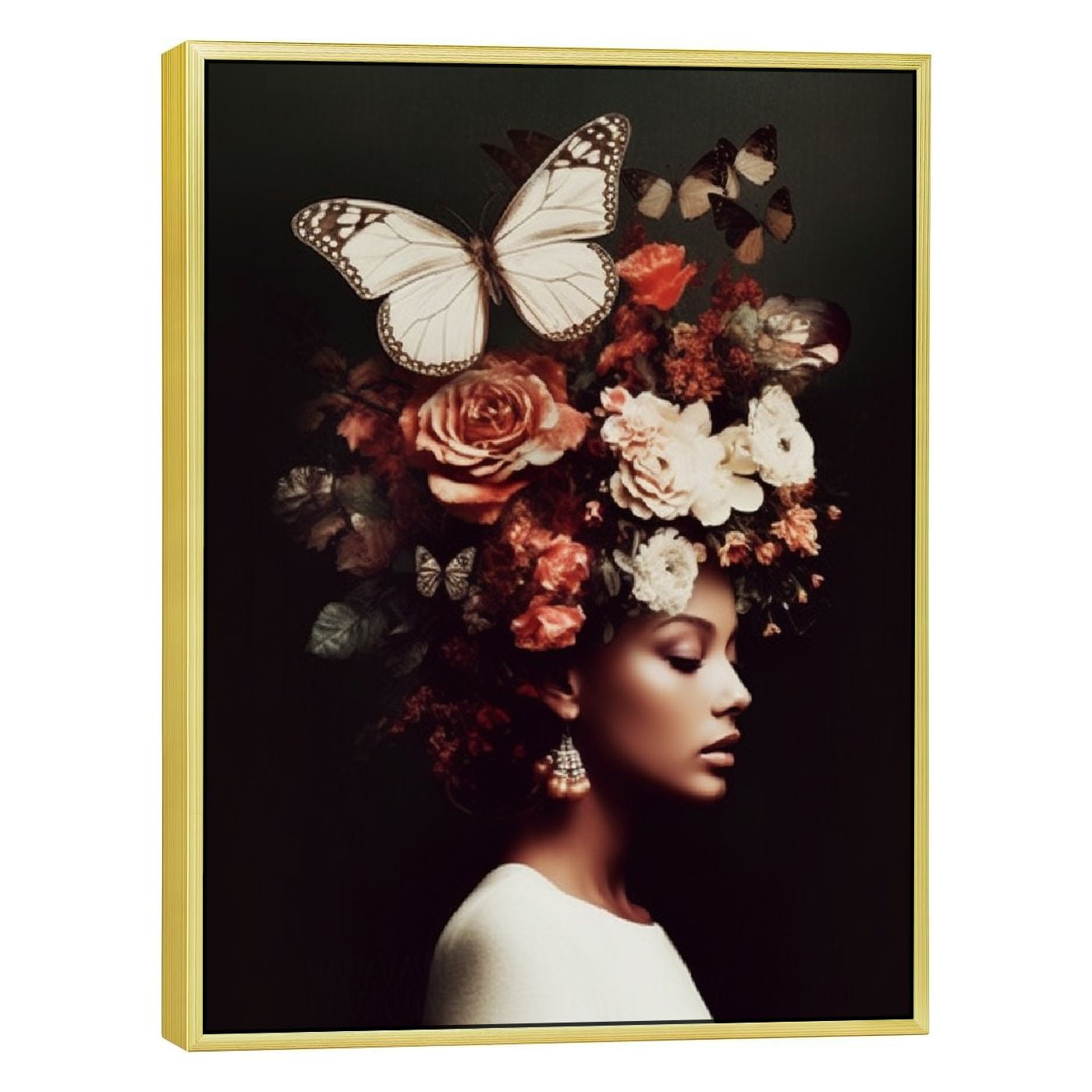 Nawypu Framed African American Canvas Wall Art,Flower on Black Girl Women Head Butterfly ...