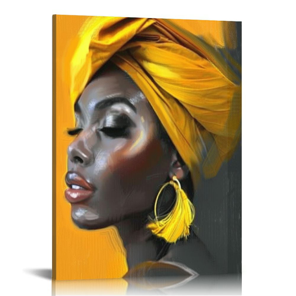 Nawypu Framed African American Women Canvas Wall Art Black Woman Yellow Hair Beauty Abstract ...