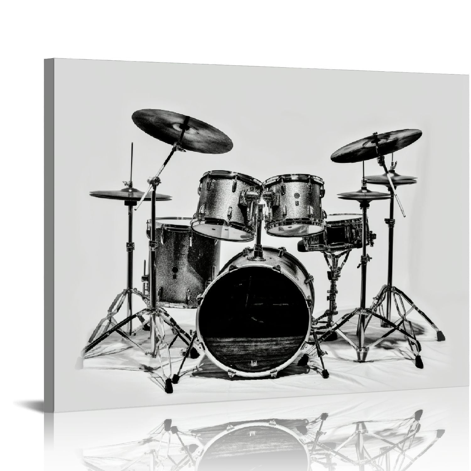 Nawypu Framed Canvas Print Wall Art Black & White Chrome Drum Set Music ...