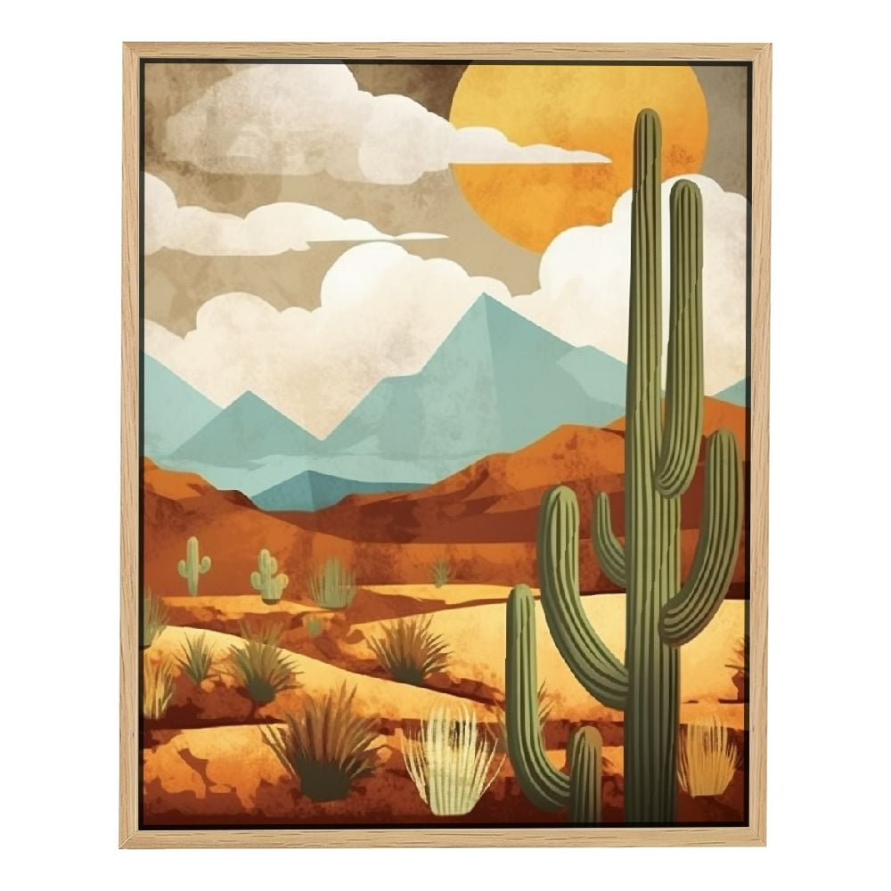 WERPE Framed Canvas Print Wall Art Cloudy Brown Desert Landscape with ...