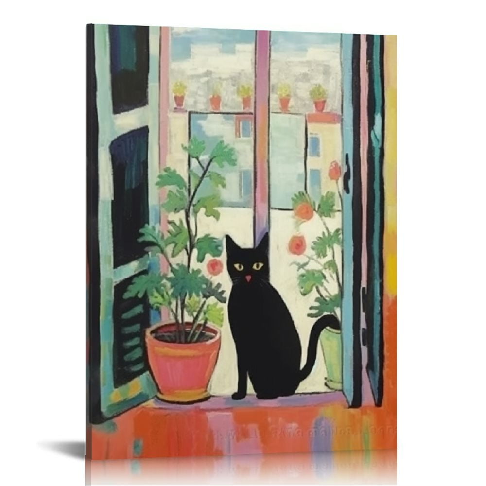 Nawypu Framed Canvas Print Wall Art ,Garden Flower Funny Black Cat ... Nawypu Framed Canvas Print Wall Art ,Garden Flower Funny Black Cat ...