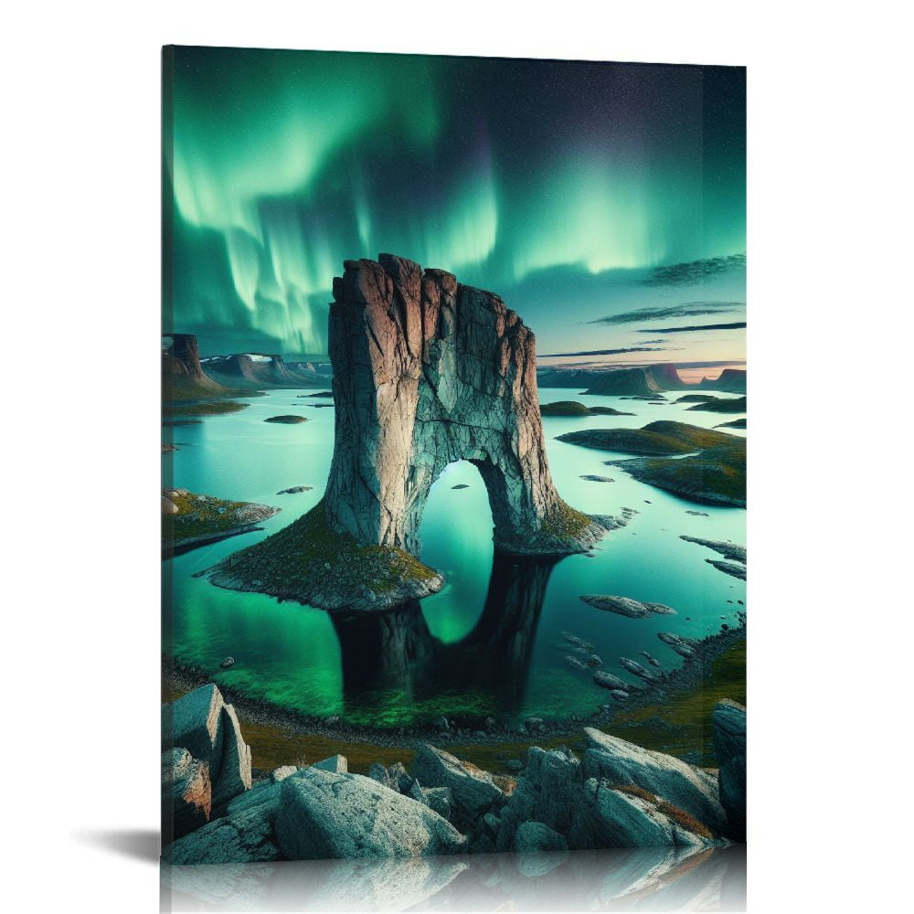 Awypu Framed Canvas Print Wall Art Set Aurora Borealis Ocean Hill ...