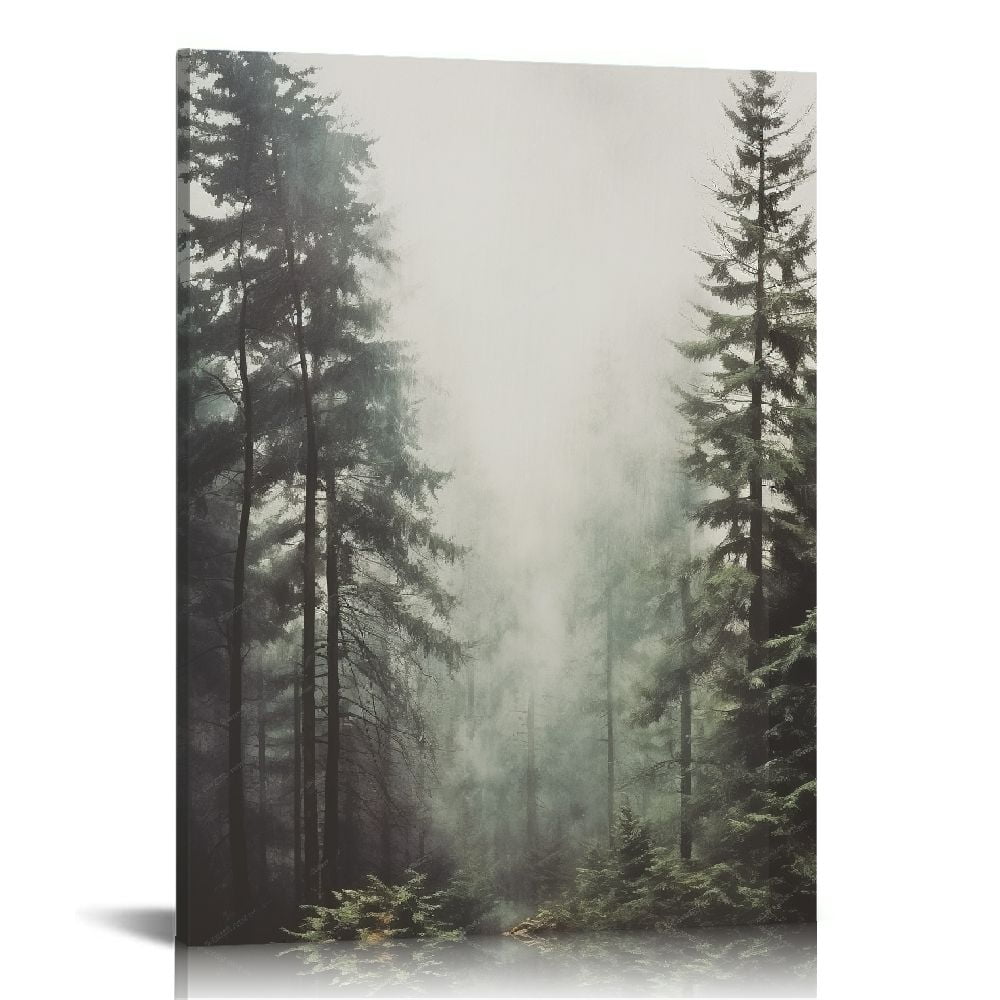 Nawypu Framed Canvas Print Wall Art Washed Out Mist Over Forest Pine ...