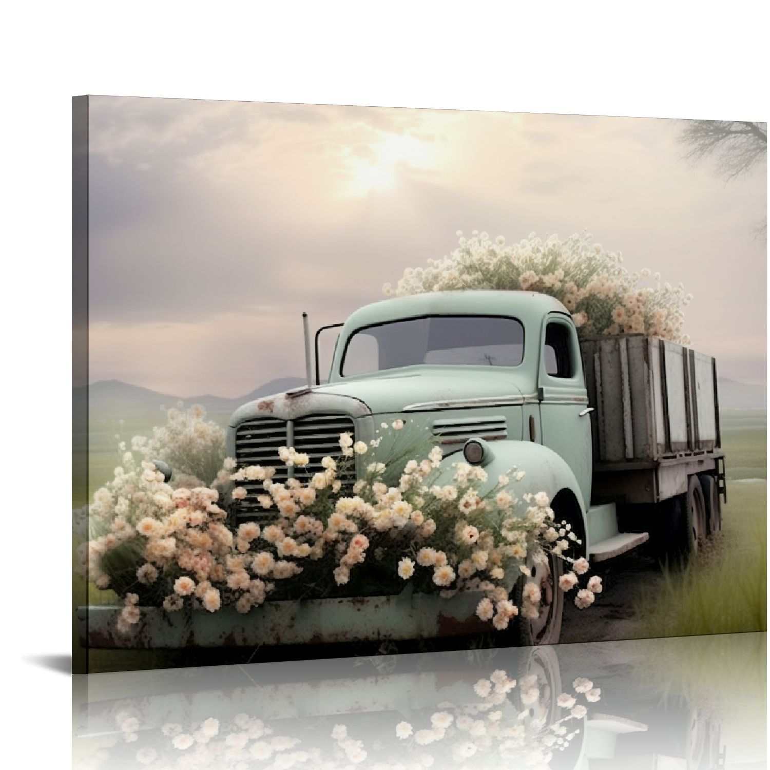 Nawypu Framed Canvas Wall Art Farmhouse Decor, Flower Vintage Truck ...