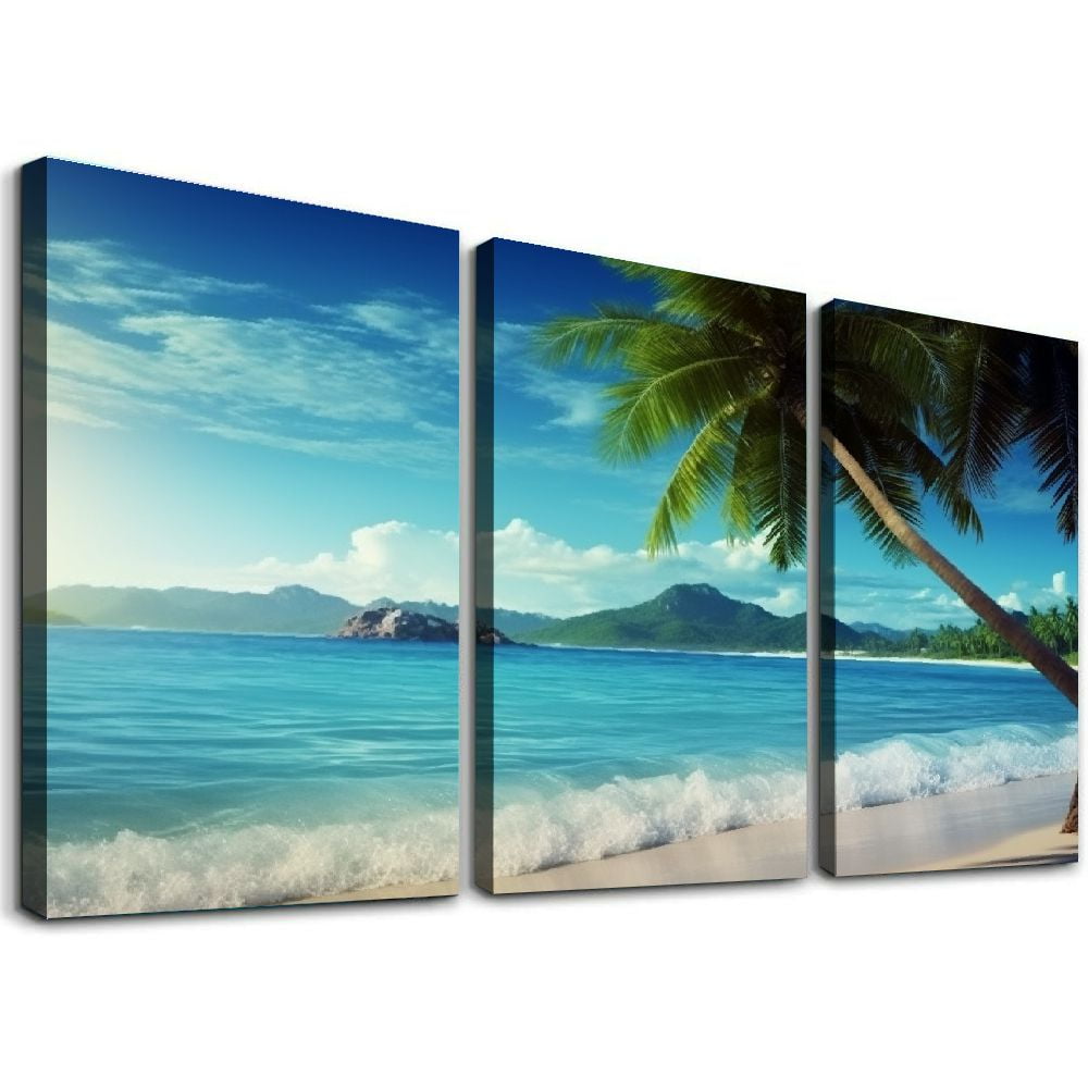 Nawypu Framed Canvas Wall Art Sea Beach Canvas Pictures Coconut Trees ...