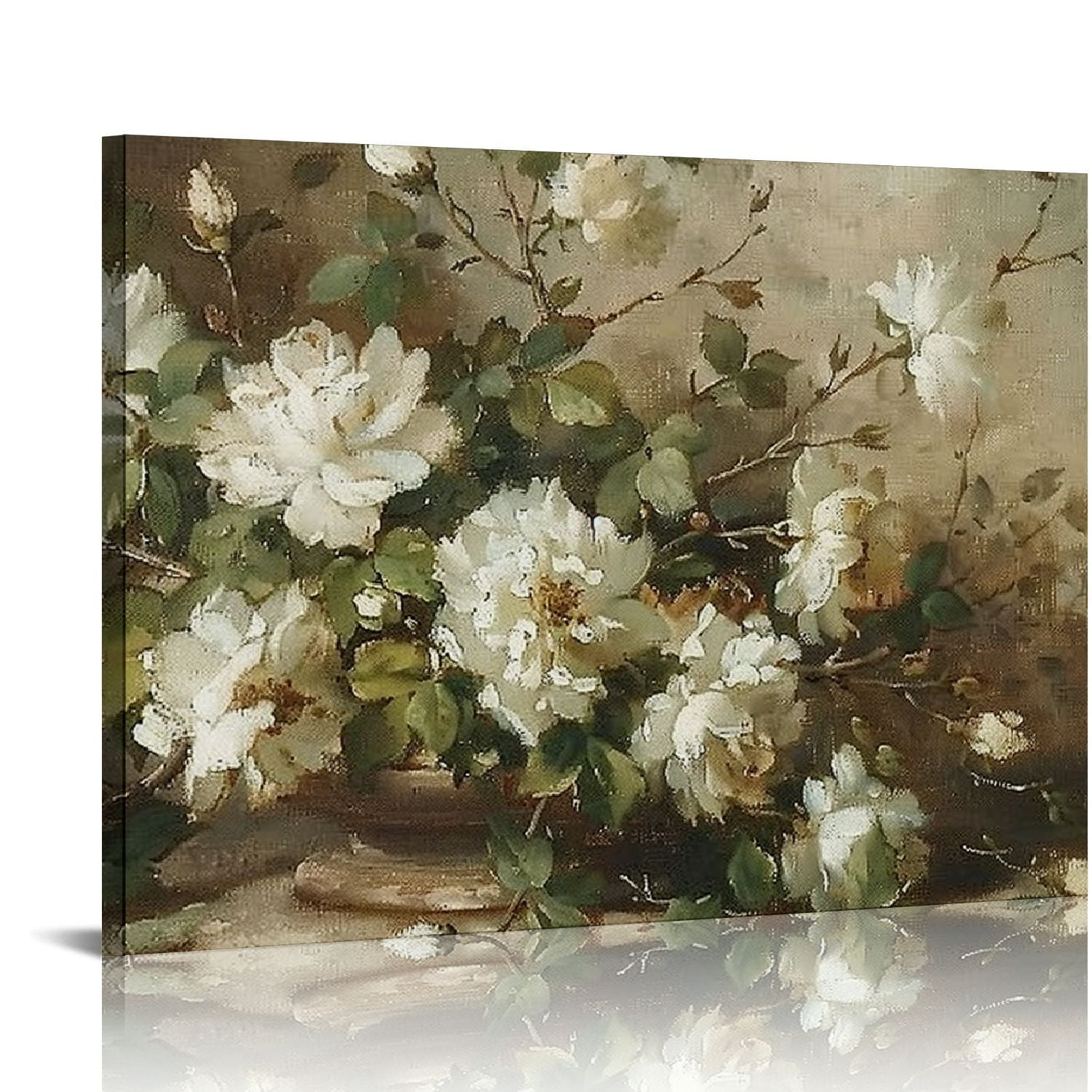 Nawypu Framed Canvas Wall Art - White Rose Flowers Vintage Painting ...