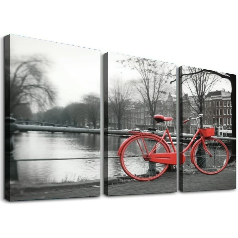 Nawypu Framed Canvas Wall Art red bicycle on the bridge Amsterdam Black ...