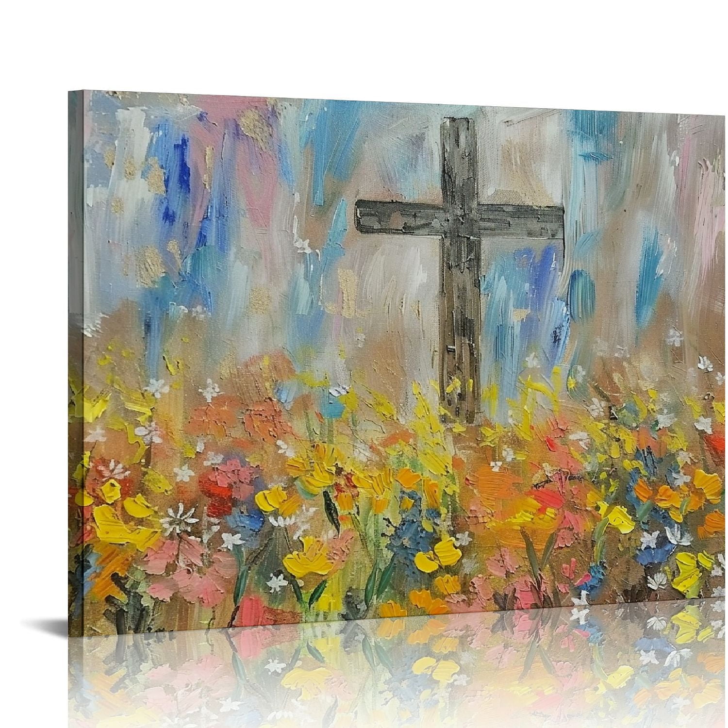 Nawypu Framed Cross Flower Wall Art Christian Floral Oil Painting ...