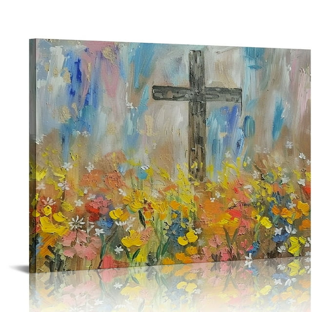 Nawypu Framed Cross Flower Wall Art Christian Floral Oil Painting ...