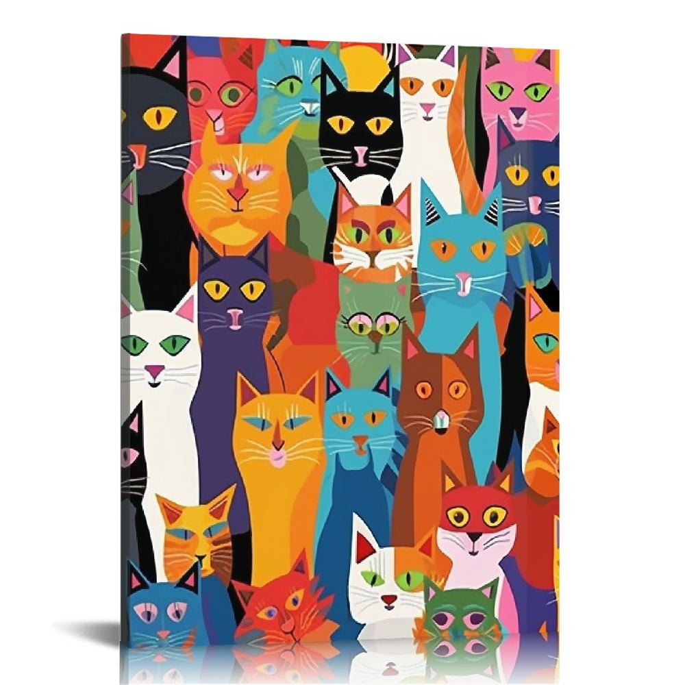 Nawypu Framed Funny Colorful Cat Wall Art Cartoon Cat Canvas Wall Art ...