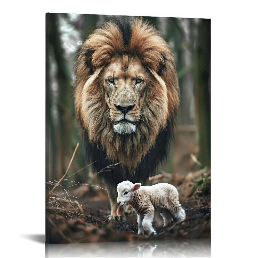 Nawypu Framed Lion and Lamb Canvas Wall art Christian Jesus Lion King ...