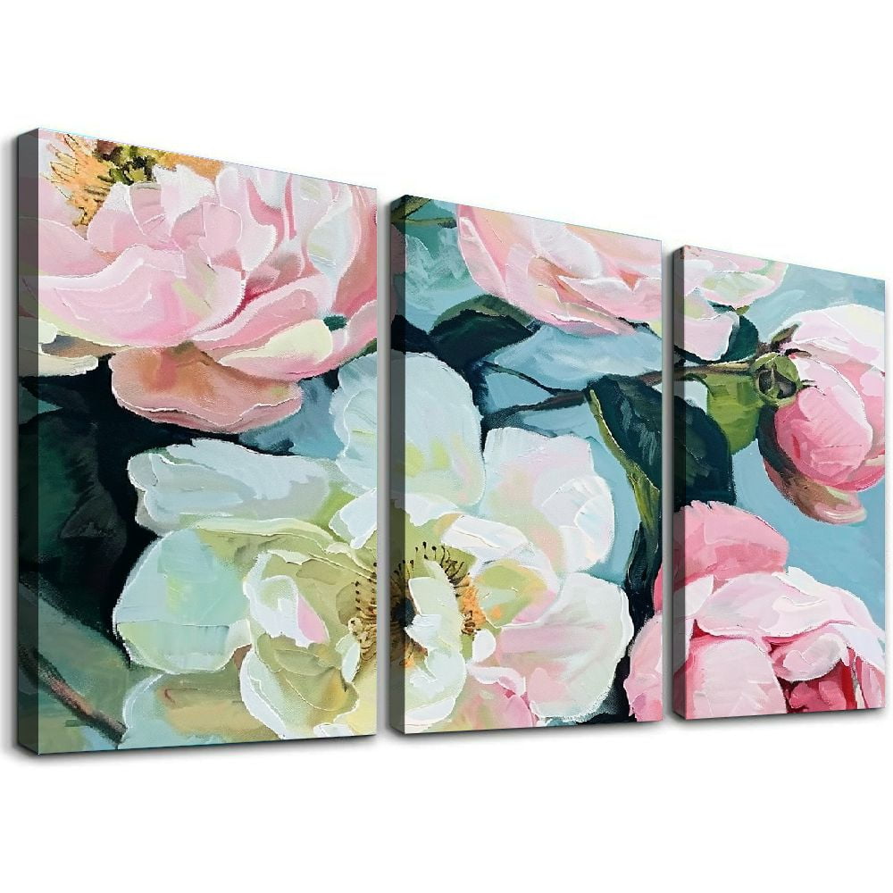 Nawypu Framed Pink Floral Wall Art - Pink Flower Canvas Wall Decor Pastel Peony Bouquets Artwork ...