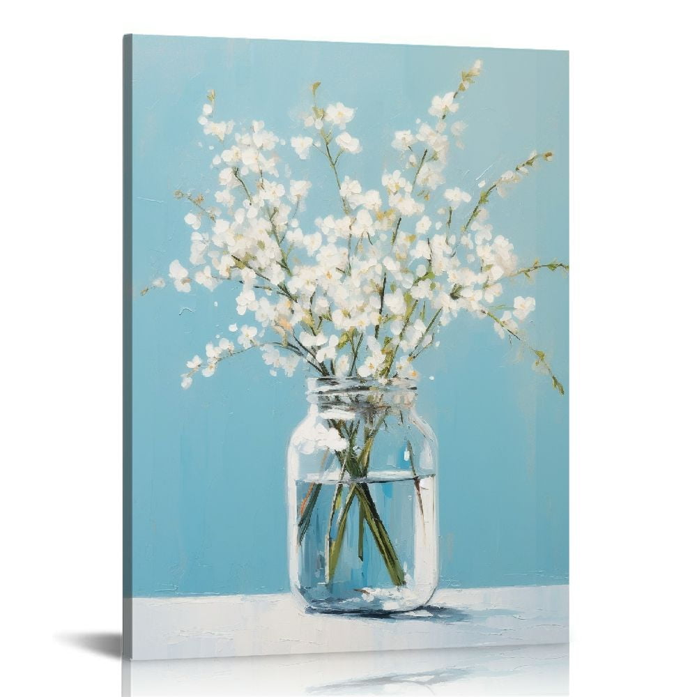 Nawypu Framed White Floral Canvas Wall Art For Living Room, Hand-Painted Flower Oil Painting On ...