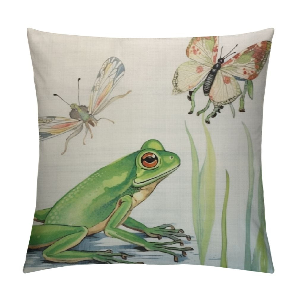 TIAOTIAOHOU Frog and Dragonfly Throw Pillow Cover Watercolor Amphibian ...