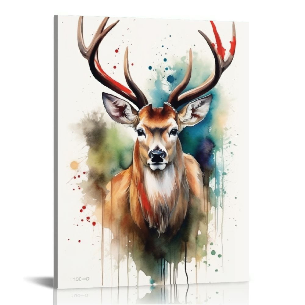 Nawypu Funny Animal Deer Canvas Wall Art Decor Watercolor Splatter and ...