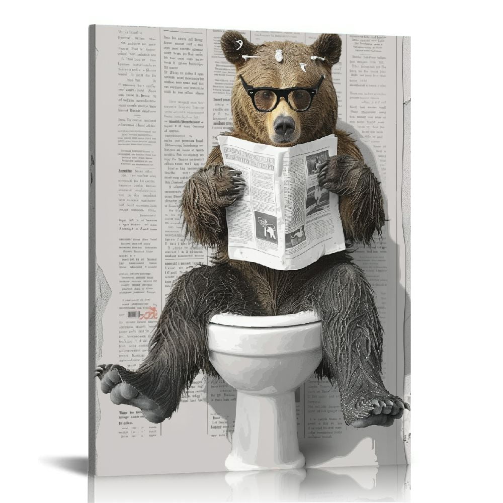 Nawypu Funny Bathroom Wall Art Bear with Glasses Sitting in Toilet ...