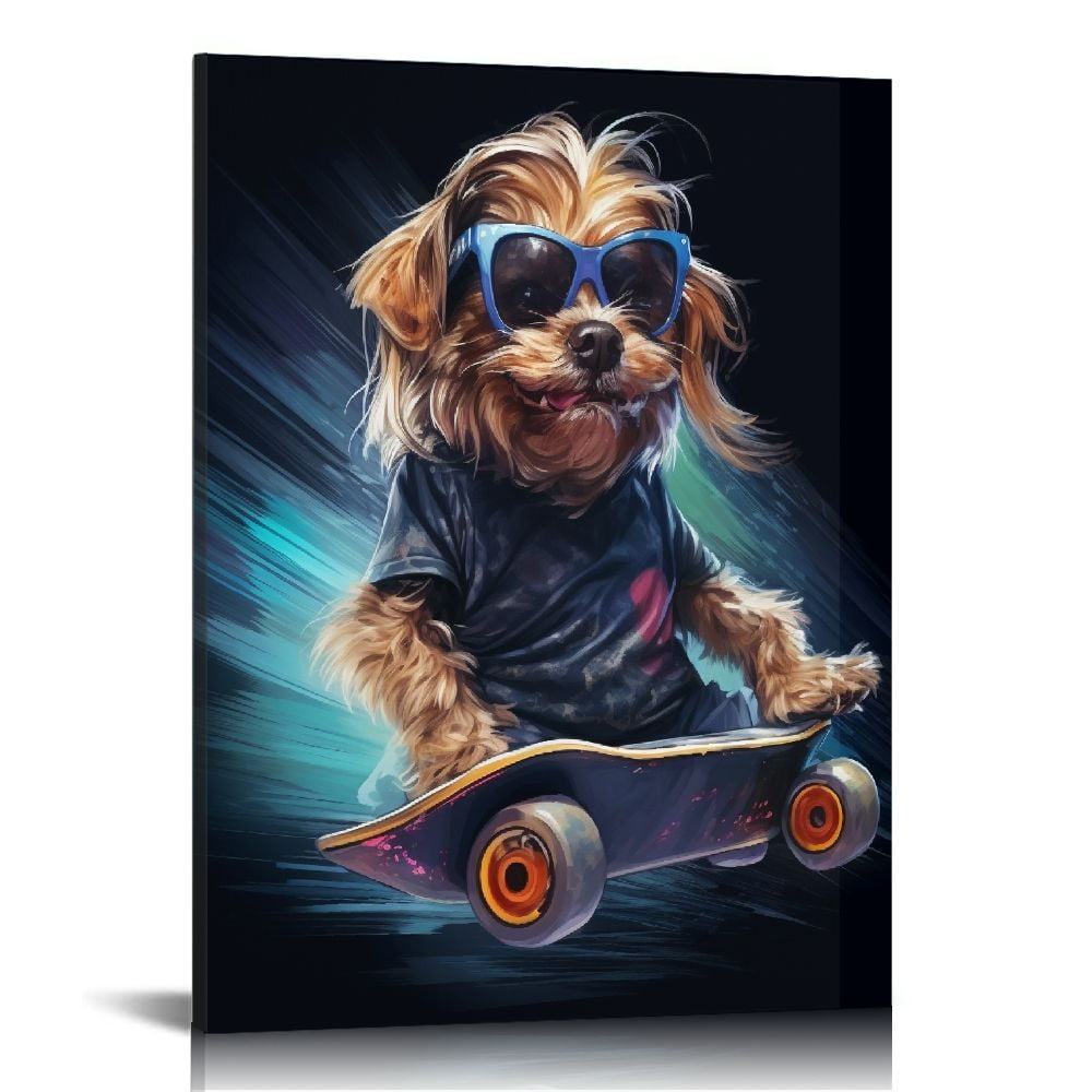 Nawypu Funny Canvas Wall Art Funky Dog Play Skateboard Graffiti Picture ...