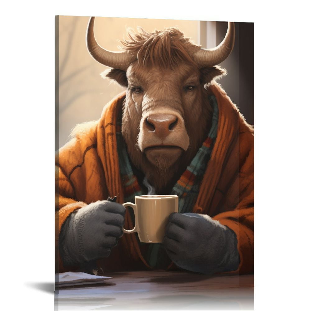 Nawypu Funny Cow Canvas Wall Art,Humorous Brown Highland Cows Cooking ...