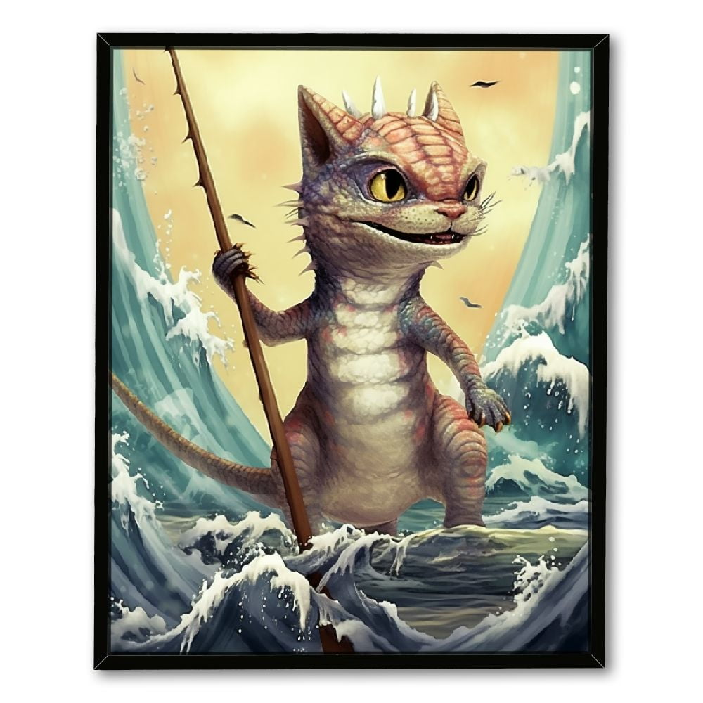 Nawypu Funny Dinosaur Cat Wall Art Japanese Waves Wall Decor Dinosaur ...