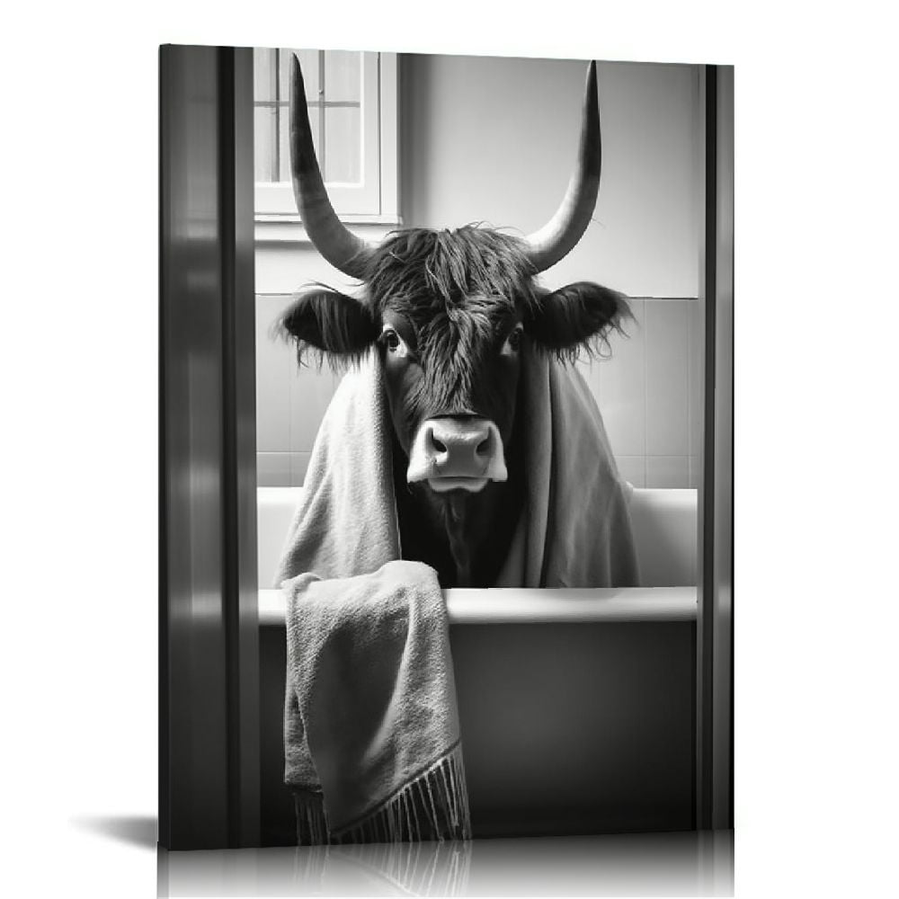 Awypu Funny Highland Cow Bathroom Wall Art Prints, Vintage Black and ...
