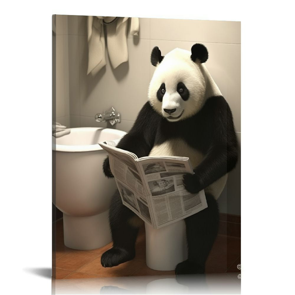 Nawypu Funny Panda Bathroom Canvas Wall Art Cute Panda In Toilet ...