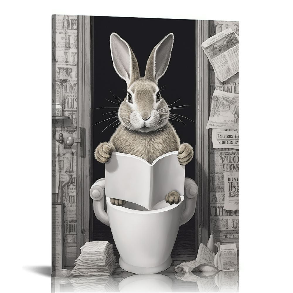 CMMY Funny Rabbit Bathroom Decor Wall Art Cute Rabbit Sitting in Toilet ...